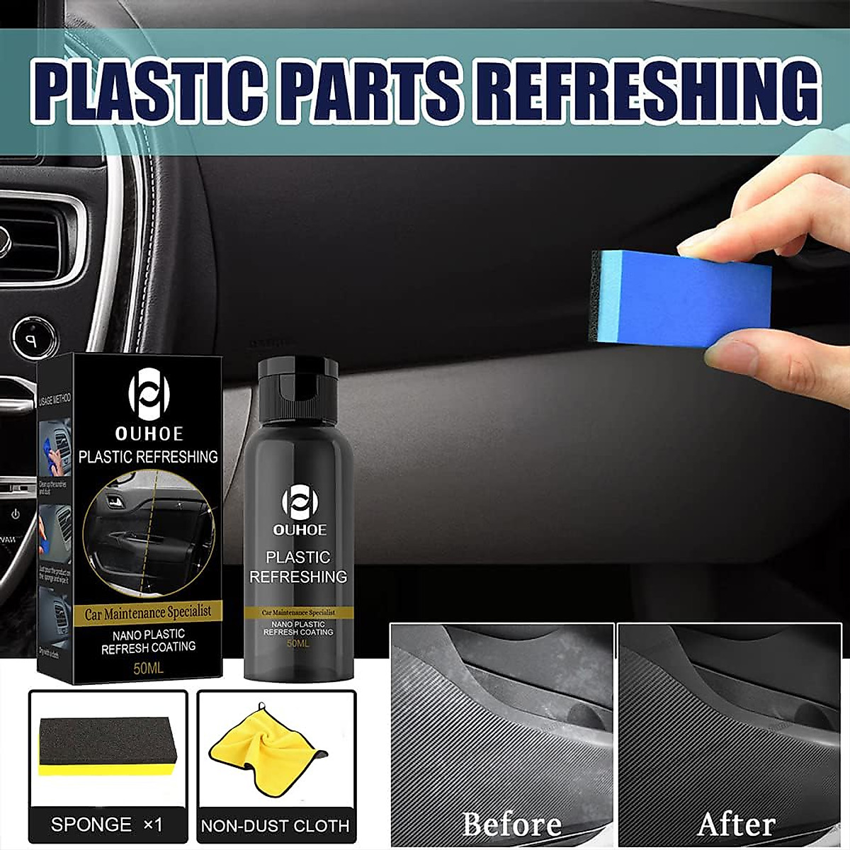 Ouhoe Plastic Refreshing, Premium Plastic Refreshing, Car Plastic Parts Refurbish Agent, Plastic Restorer for Cars, Ultimate Plastic Renovator Kit (50ml 3pcs)