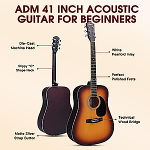 ADM Dreadnought Acoustic Guitar Kit with Free Online Lesson for Beginner Adult Teen Full Size Acustica Guitarra Starter Bundle Set with Bag Strap Tuner Capo Pickguard Music Stand, Right Hand 41 Inch
