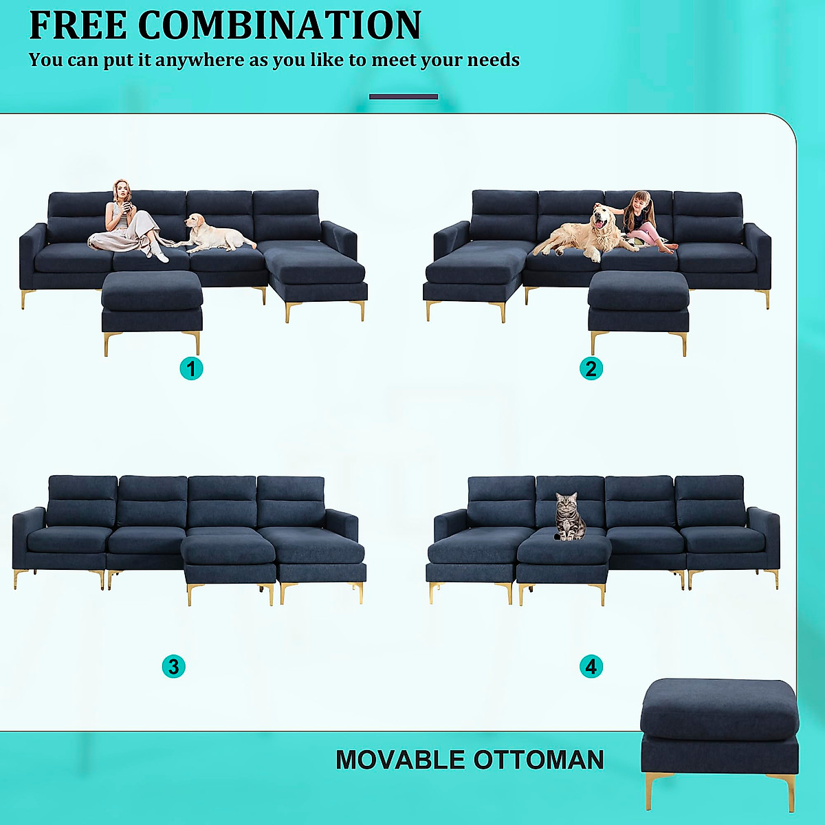 URRED Sectional Sofa Couch, 4 Seat U-Shaped Sofa Set for Living Room,Velvet Fabric Convertible Modular Sofa Sleeper with Double Chaise/Oversized Seats/Comfortable Backrest, Blue