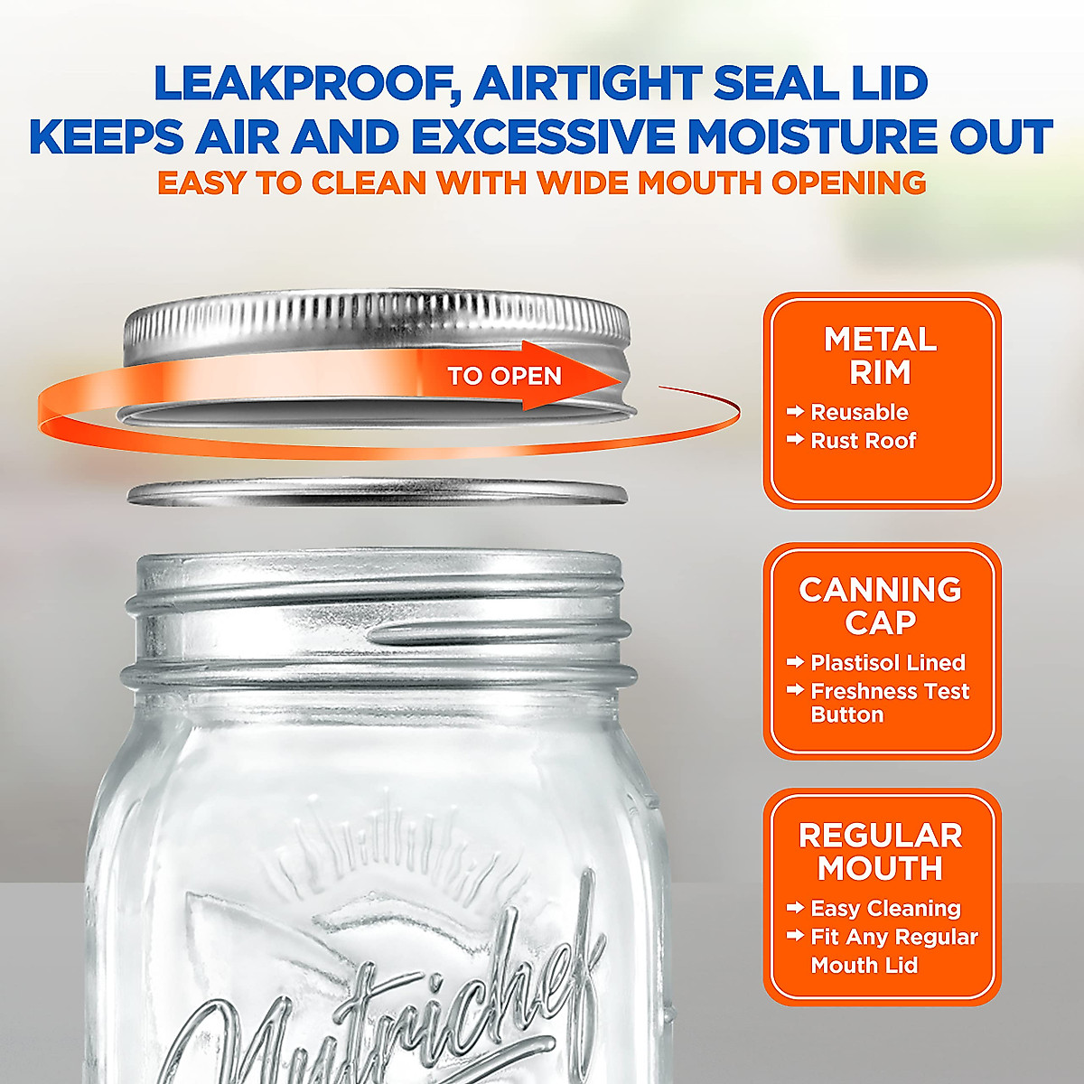 NutriChef 6-Pack 16 oz Mason Jars with Lids - Thick Glass Canning Jars with Stainless Steel Lids - Ideal for DIY Spices, Meal Prep, Overnight Oats, Jelly, Jam, Honey, Candles, Crafts, & More