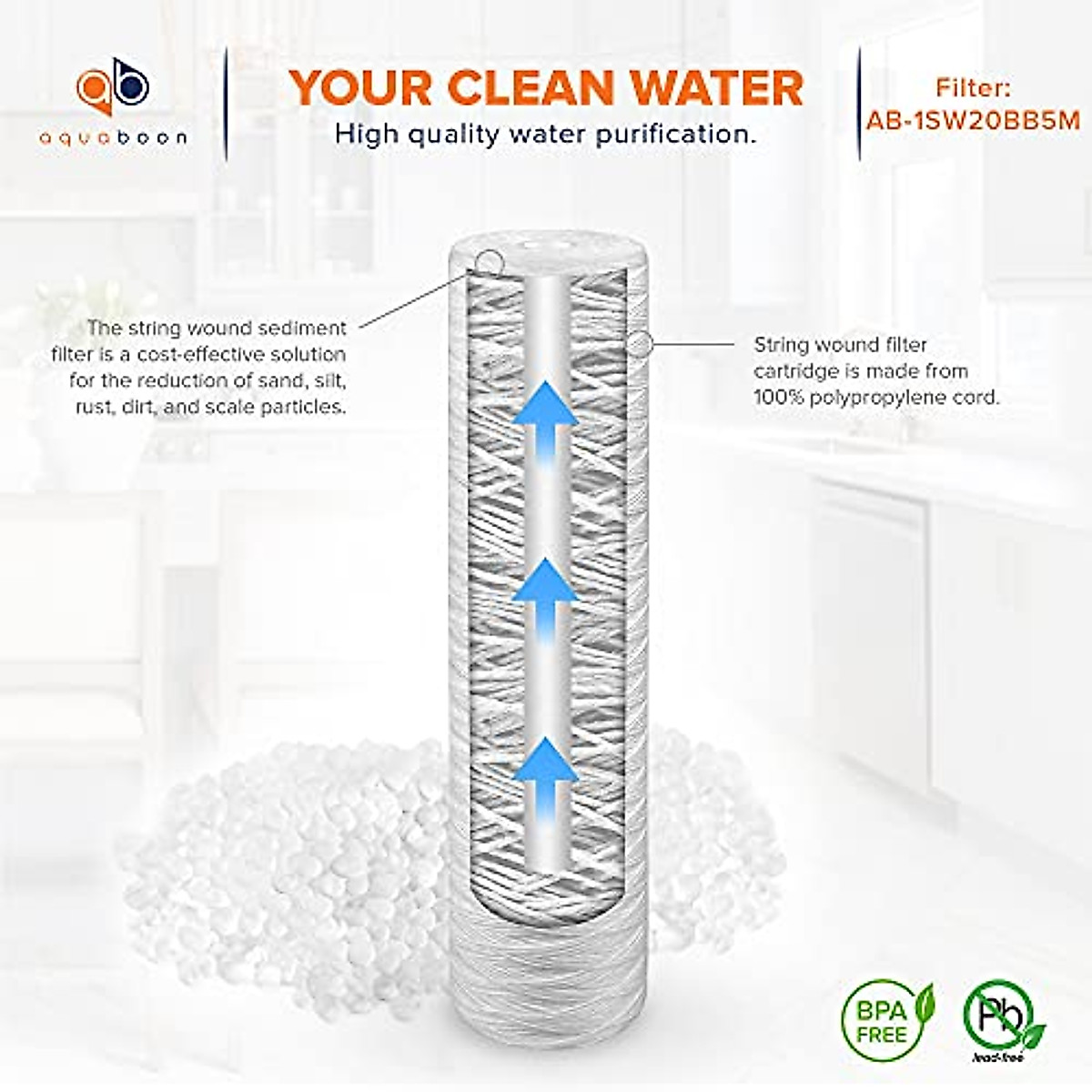 Aquaboon 2 Stage Whole House Water Filter System w/Wrench, Iron White Coated Bracket & Pressure Gauge & Release Button (1" Port) - 5 Micron 4.5 x 20 GAC Filter & String Wound Sediment Filter
