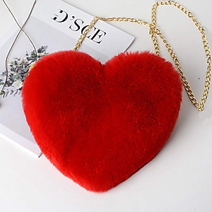 MSDMSASD Heart Shaped Shoulder Bag Faux Fur Crossbody Bag Zipper Closure Removable Chain Fluffy Handbag for Women and Girls (Red)