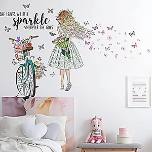 Prabahdak DIY Fairy Girl Bicycle Wall Stickers Flower Butterflies Wall Decals Removable Sparkle Girl Vinyl Wall Art for Girls Baby Nursery Bedroom Living Room