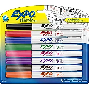 EXPO Low Odor Dry Erase Markers, Ultra-Fine Tip, Assorted Colors, 8 Pack