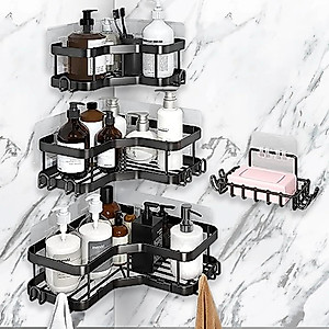 Modern Corner Caddy Stainless Steel Shelf for Shower, Adhesive Backing, 𝟵𝟬 𝗗egree Corner Shower Organizer Set with Soap Holder & Adjustable Hooks, Storage Shelves for Clutter-Free Washroom- Black