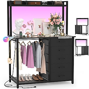 Cyclysio Dresser for Bedroom with Hutch & Clothes Rack, 70'' Tall 5 Drawers Dresser with Shelves, Black Dresser Closet with Charging Station & LED Lights, TV Stand Dresser with Hooks, Bedroom, Closet