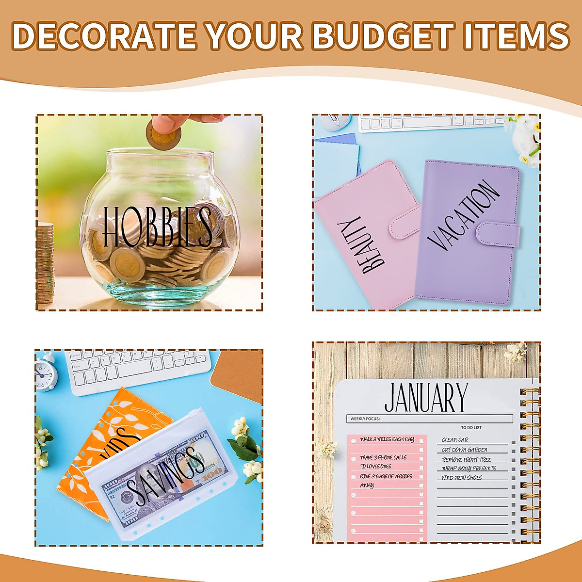 100 Cash Envelope Sticker Labels - Black Vinyl Decals for Finance Planner, Budget Stickers for Cash Envelope System Wallet & A6 Binder, Clear Labels Money Sticker for Budget Envelopes Coupon Organizer