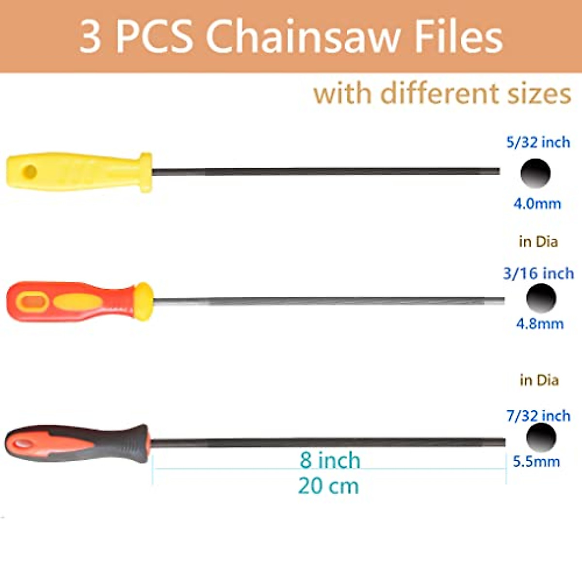 SKZIRI Chainsaw File Set 3 Sizes 5/32, 7/32, 3/16 inch, Chainsaw Sharpener Set Tool Kit Chain Sharpening File Sharpening File Steel with Plastic Handle Round Files for Chainsaw Chain