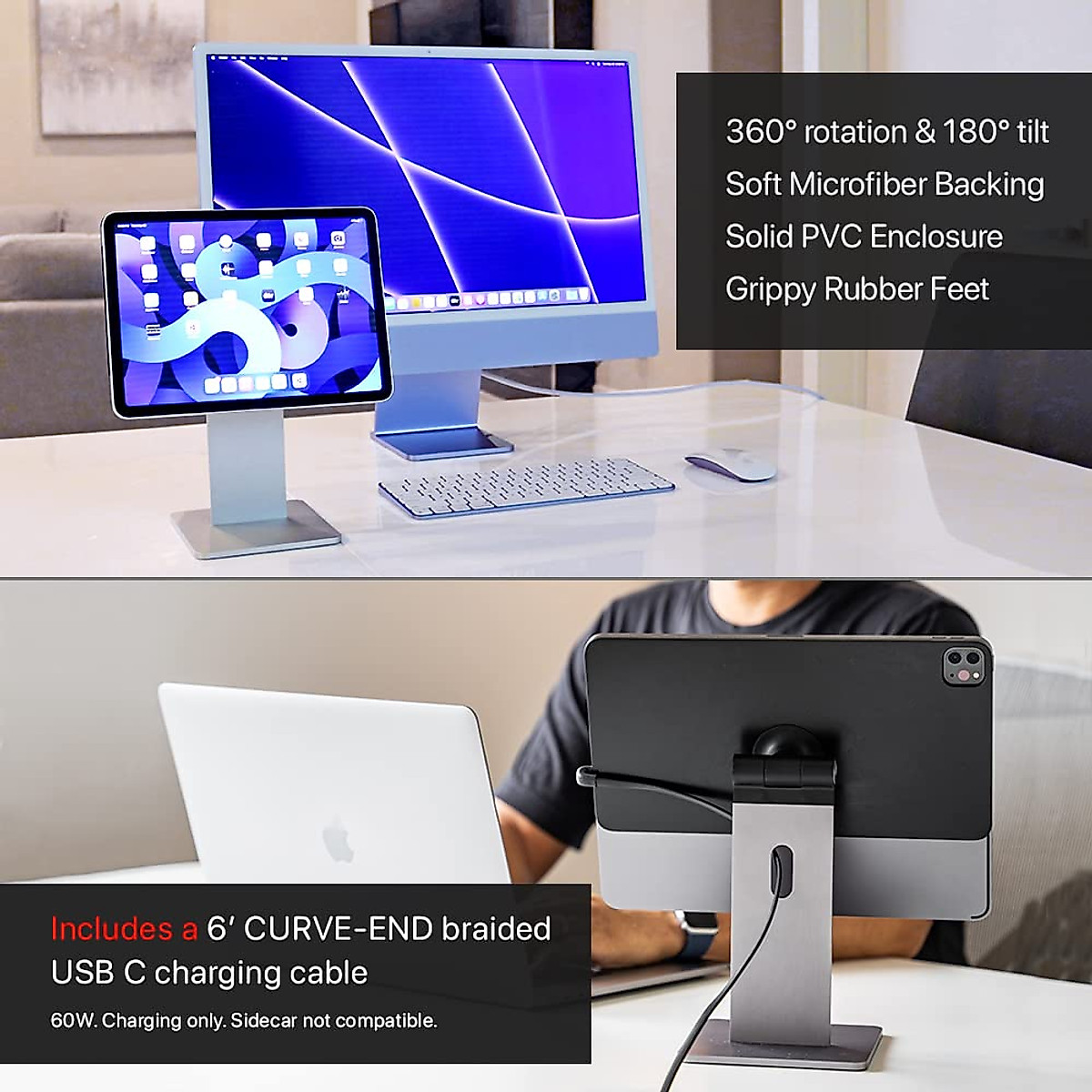 CharJenPro MagFlott V1.0 Magnetic Stand for iPad Pro 12.9”, iPad Air 13" M2 (2024). Gray. Successful Kickstarter Campaign. Includes 6’ USB C Curved Cable.