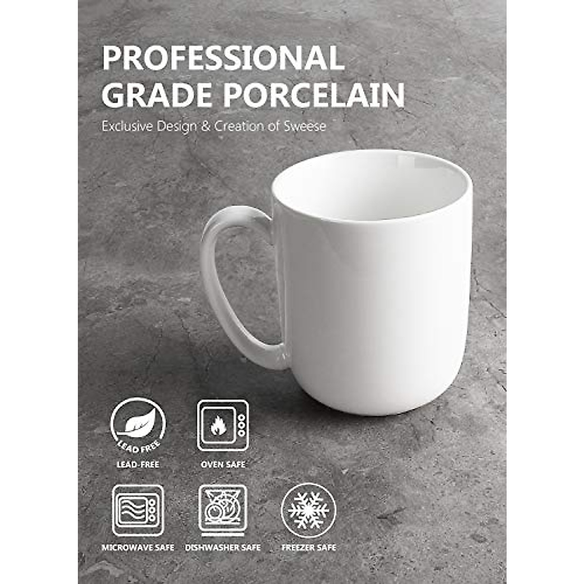 Sweese 604.001 Porcelain Mugs for Coffee, Tea, Cocoa, 15 Ounce, Set of 6, White