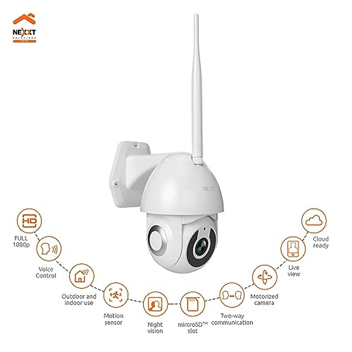 NEXXT 2K Outdoor PTZ Security Camera with Wi-Fi, Weather Resistant, 355° Coverage, Smart Motion Detection and Tracking, Two-Way Audio, Night Vision, Cloud Storage, Alexa, Wired | Camara de Seguridad