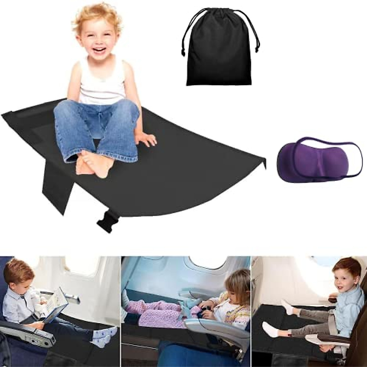 Essential for Children's Airplanes, Children's Airplane Bed, Business Car Child Resting Foot Mats, Children's Waterproof Airplane seat Extender(Black), Comes with 3D Sleep Goggles