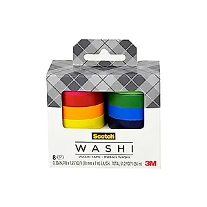 Scotch Washi Tape, Solid Color Rainbow Design, 8 Rolls, Great for Bullet Journaling, Scrapbooking and DIY Décor (C1017-8-SOL1)