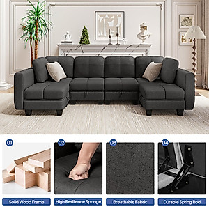 Arathorn Modular Sectional Sofa with Ottoman Oversized U Shaped Sofa Couch with Reversible Chaise, Convertible Sofa Bed Sleeper Modular Sofa Sectional Couch for Living Room, Dark Grey