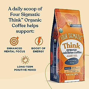 FOUR SIGMATIC Organic Cold Brew Coffee Grounds | Dark Roast, Fair Trade Coarse Grounds with Lion's Mane and Chaga | Cold Brew Mushroom Coffee for Crash-Free Focus | 12 oz Bag