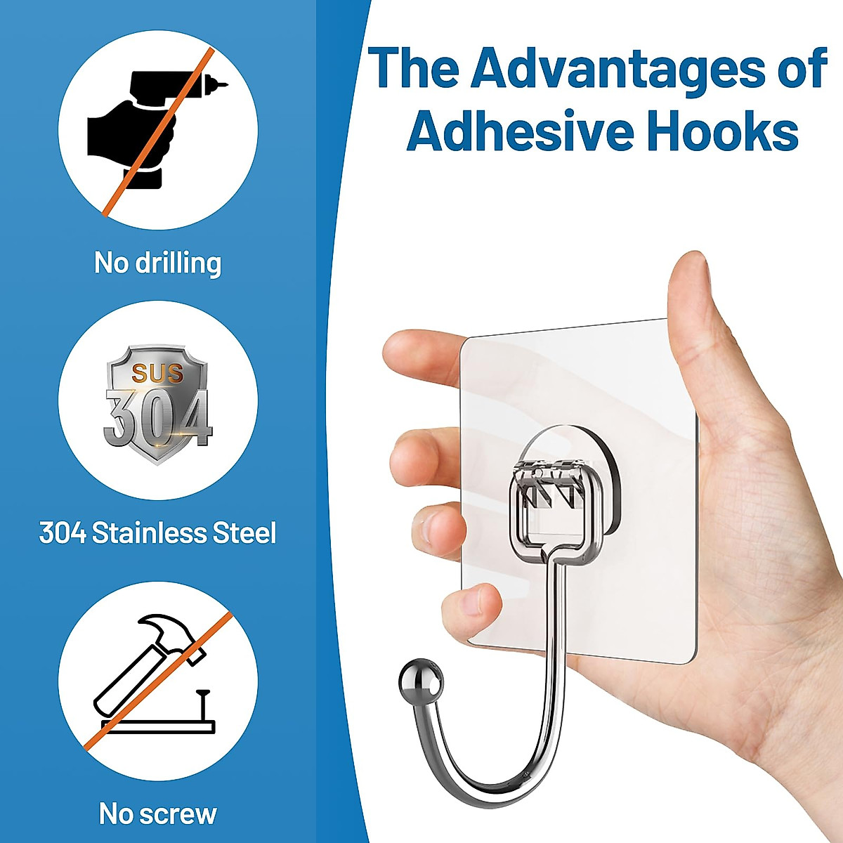 Poprkdre Adhesive Hooks Heavy Duty 44lb(max), Rustproof Adhesive Hooks for Hanging Bag, Coat, Towel etc, Strong Stick on Hooks for Hanging Heavy Duty for Bathroom, Kitchen, Home, 8 Pack
