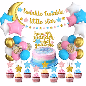 Twinkle Twinkle Little Star Party Decor Gender Reveal Birthday Party Decorations Pinkk Blue Gold Star Banner Cake Topper Balloons Moon and Star Boy or Girl He or She Baby Shower Supplies