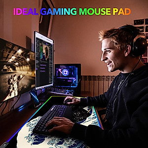 RGB Gaming Mouse Pad Large, AIMSA Keyboard Led Mousepad Extended 35.4 x 15.8 inch Non-Slip Rubber Base with 14 Lighting Modes, Big Desk Mat Waterproof, Big Waves