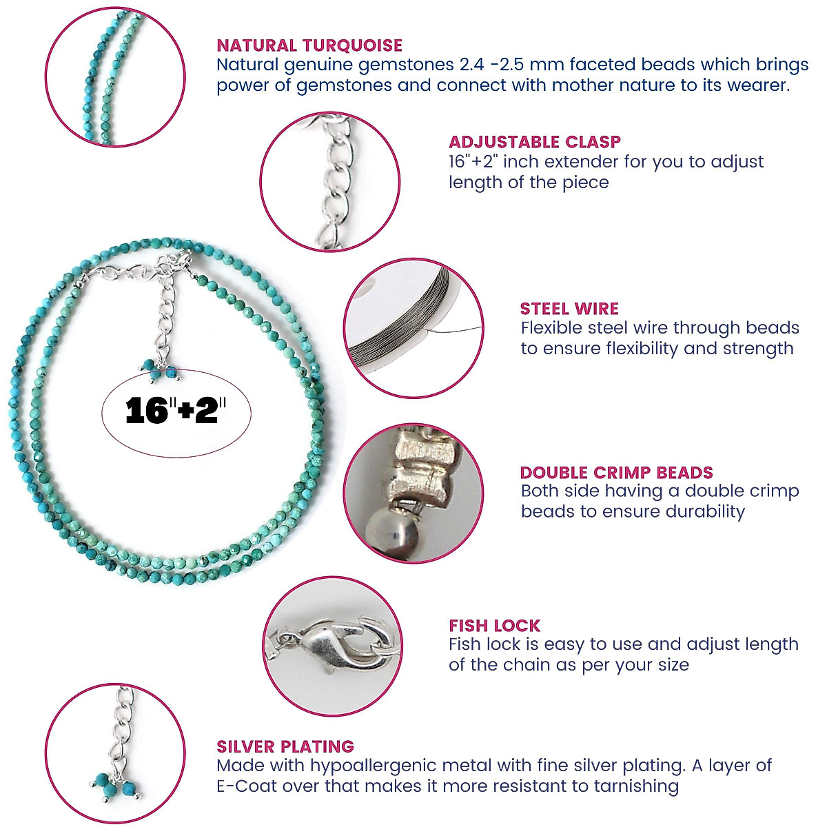 Gempires Genuine Turquoise Beads Beaded Choker Necklace for Women December Birthstone, 2.4-2.5 mm Faceted Beads With 16 + 2 Inch Adjustable Silver Plated Chain