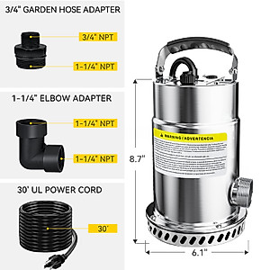 Acquaer 1/2HP Submersible Utility Pump, 3030GPH Stainless Steel Sump Pump, Water Removal for Basement Hot Tub Pool Cover Draining, 30ft Cord