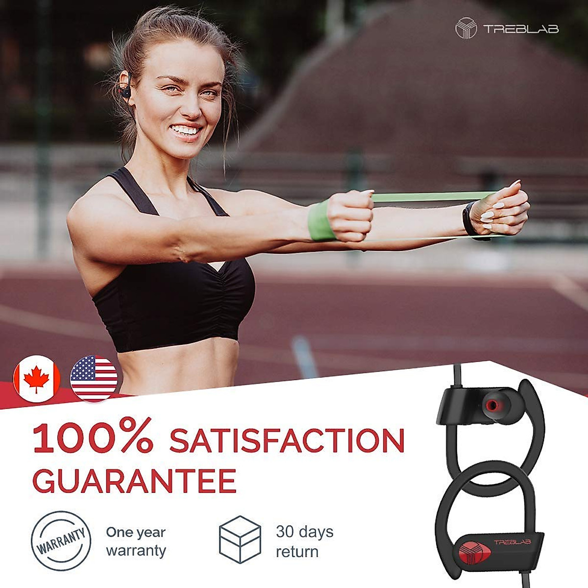 TREBLAB XR500 Bluetooth Headphones. 2018 Updated Version. IPX7 Waterproof, Sweatproof, Secure-Fit Headset. Noise Cancelling Earphones w/ Mic (Renewed)