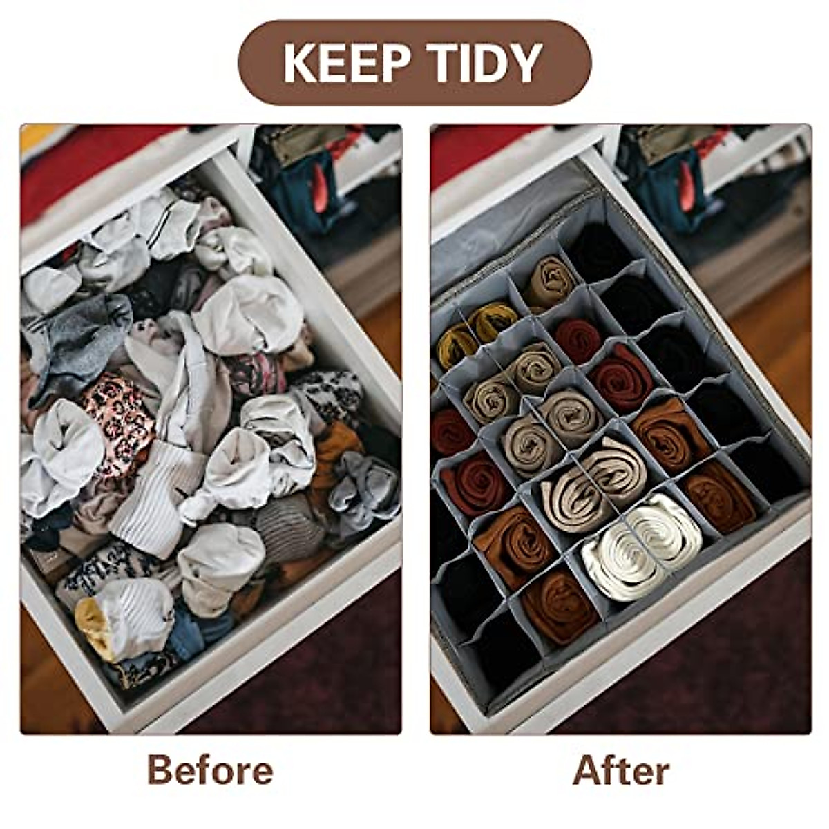 Sock Drawer Organizer Divider 2 Pack Socks Organizer with Lid 30 Cell Foldable Closet Sock Storage Divider Tie Storage Underwear Storage Boxes for Storing Socks Ties Bra Handkerchiefs Belts (Gray)