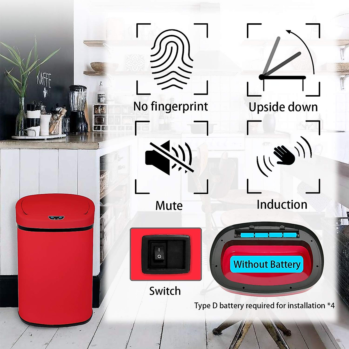 HCB Trash Can Automatic Waste Bin Mute Metal Garbage Can with Lid Stainless Steel 13 Gallon 50 Liter for Kitchen | Office | Bedroom | Bathroom | Living Room (Red)
