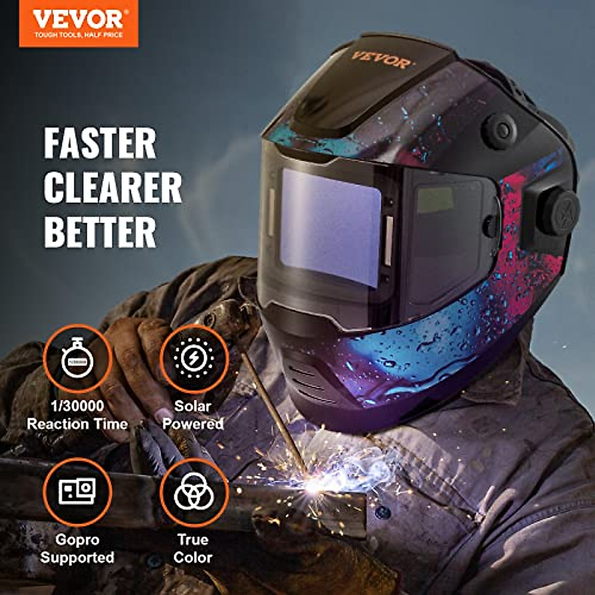 VEVOR Welding Helmet Auto Darkening Large Viewing with Side View 4.25" x 3.23", Welding Hood True Color, Welding Mask Solar Powered, 4 Arc Sensor, Wide Shade 4-8/9-13 for TIG MIG Arc Weld Grinding