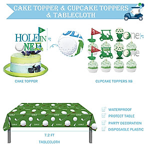 129 PCs Hole In One First Birthday Decorations, Fiesec Golf 1st Party Decorations Backdrop Balloon Garland Banner Tablecloth Cake Cupcake Topper Box Cutout Crown Poster Golf Club Ball Green Blue