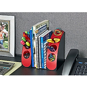 AdirOffice Smart Quarter Bookends & Office Desk Organizer - Heavy Duty Plastic w Non Skid Bottom - Includes Storage Wells to Keep Your Pens/Pencils in Place for Office/School/Library (Black and White)