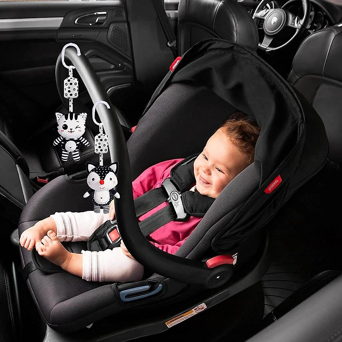 Cute Hanging Stroller Car Seat Toys for Baby, C Clip Hanging Animal Soft Toys with Rattles BB Squeaker Distorting Mirror for Boys Girls 0-36 Months (Black-White)