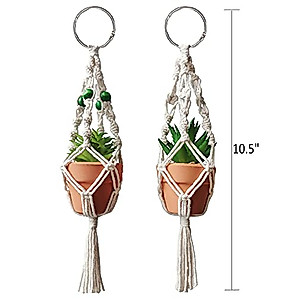 TIMECOSY Mini Macrame Plant Hanger Rear View Mirror Car Cactus Charm Decorations Boho Hanging Plant Holder, Tiny Car Succulent Gifts for Plant Lover, 10.5-Inch