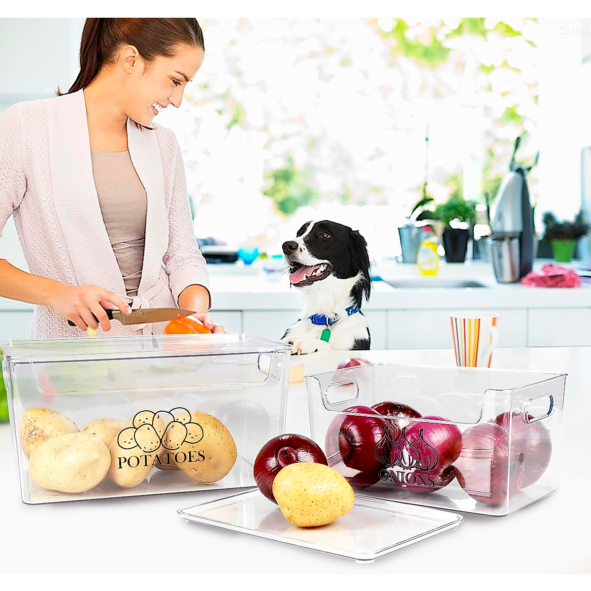 2 Pack Potato and Onion Storage Bins with Lid, Dustproof and Stackable Organizer for Kitchen, Transparent Vegetable Containers, Multi-Functional Pantry and Fridge Baskets,Food Storage Potato Box Clear