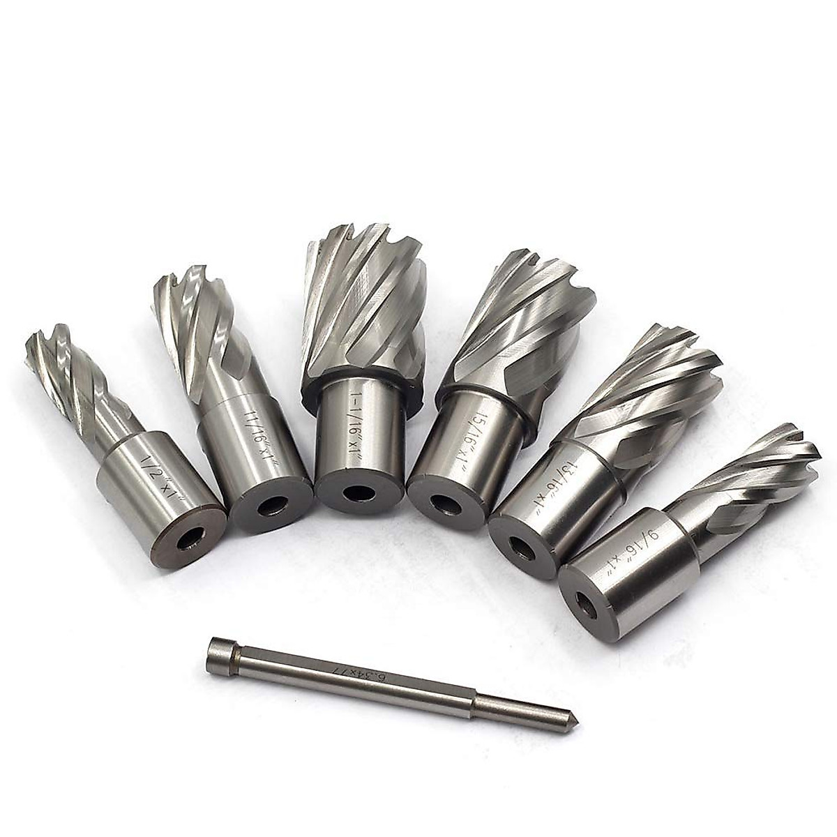 OSCARBIDE Annular Cutter Set 7 Pieces 3/4" Weldon Shank 1"Cutting Depth,1/2 to 1-1/16 inch Diameter,2 Flats Annular Cutters HSS Mag Drill Bits Kit for Magnetic Drill Press with 1 Pieces Pilot Pin