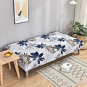 MIFXIN Armless Sofa Cover Futon Slipcover Stretch Elastic Polyester Folding Sofa Bed Non-Armrest Couch Furniture Protector Spandex Printed Washable Sofa Cover Without Armrests (Grey Blue Leaf)
