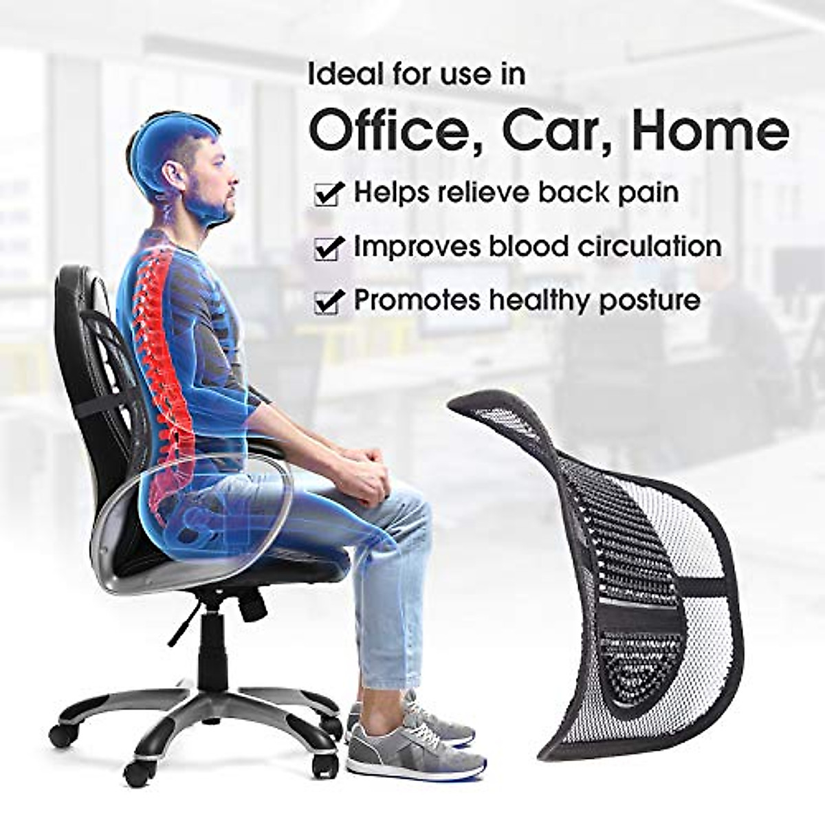 Teraves Lumbar Support for Office Chair, Car Seat or Home Chair, Double Breathable Mesh Back Support Cushion for Driving Comfort and Posture Support
