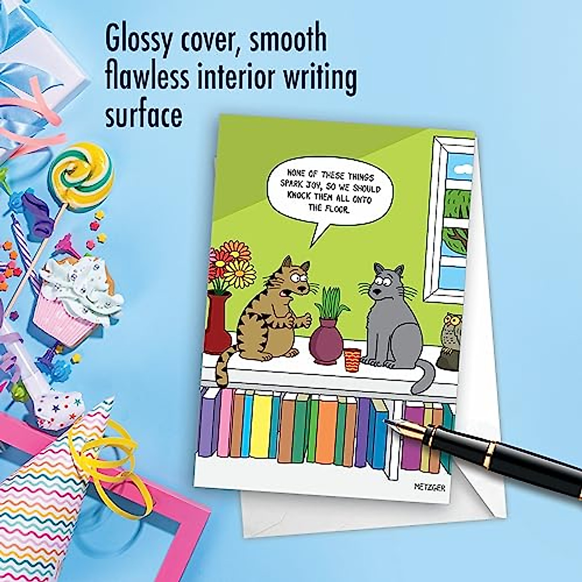 NobleWorks - 1 Funny Animal Card for Birthdays - Pet Cat and Dog Humor, Birthday Notecard with Envelope - Cat Spark Joy C7297BDG