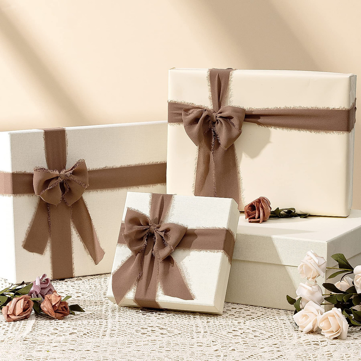 JEDIA Chiffon Ribbon, 3 Rolls Brown Handmade Fringe Chiffon Silk Ribbons, 1.5" x 7Yd Ribbon Set for Gift Wrapping, Wedding Invitations, Bouquet Wrap, Bridal Bouquets, DIY Crafts