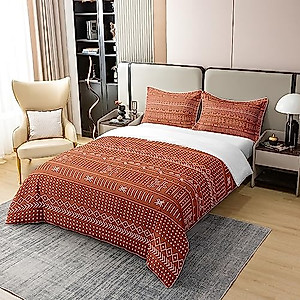 Exotic Geometric Cotton Duvet Cover Set Queen Ethnic African Inspired Boho Bedding Set for Women Men Ultra Soft Rusty Red Stripe Line Comforter Cover Set Arrow Bedspread Cover Room Decor Bedcothes