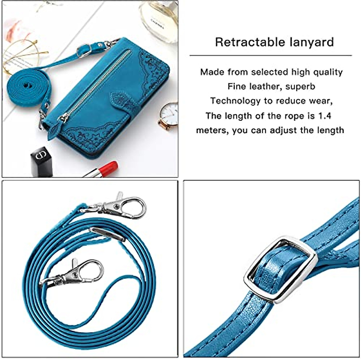 HUANGTAOLI Adjustable Crossbody Shoulder Strap Phone Case for Oppo Reno8 Lite 5G, PU Leather Zipper Wallet Magnetic Closure Kickstand Case for Oppo Reno8 Lite 5G