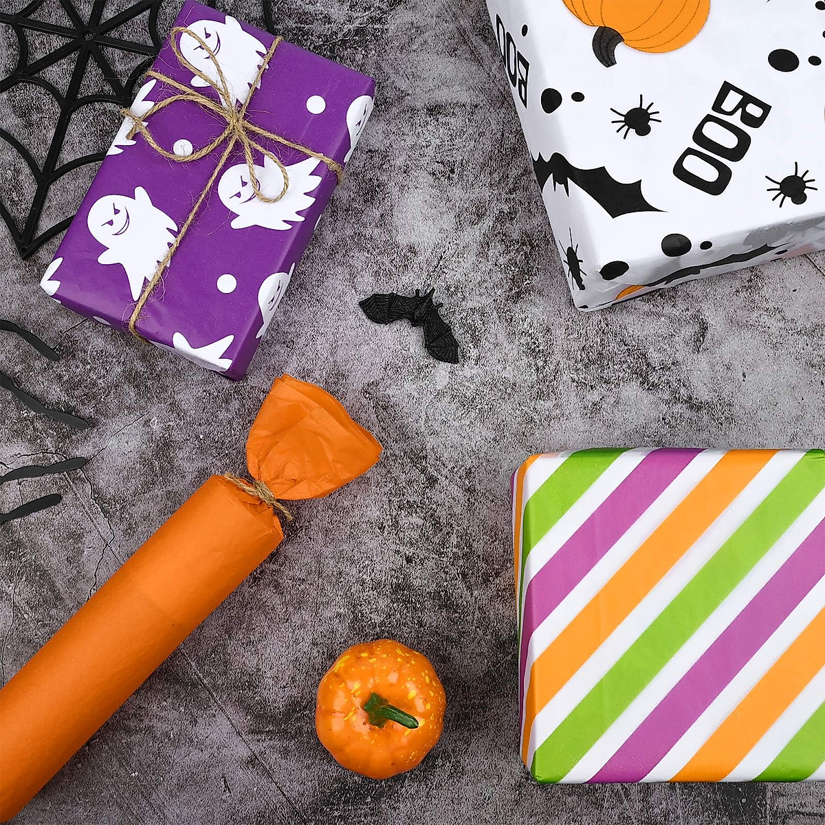 100 Sheets Halloween Tissue Paper for Gift Wrapping, Orange Purple Black Green Tissue Paper with Pumpkin Bat Ghost Boo Pattern Decorative Tissue for Halloween Party DIY Craft