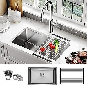 Gaomasck Nano Kitchen Sink,30 Inch Single Bowl Workstation Sink,Undermount Kitchen Sink,Stainless Steel Kitchen Sink with Strainer & Roll-Up Drying Rack,16 Gauge