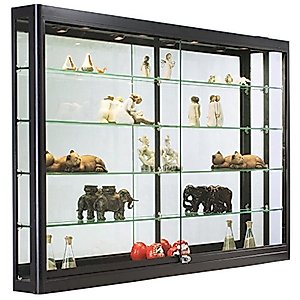 Displays2go Aluminum Display Cabinet for Retail with Lighting, Tempered Glass Shelves – Black (WC606LEDB)