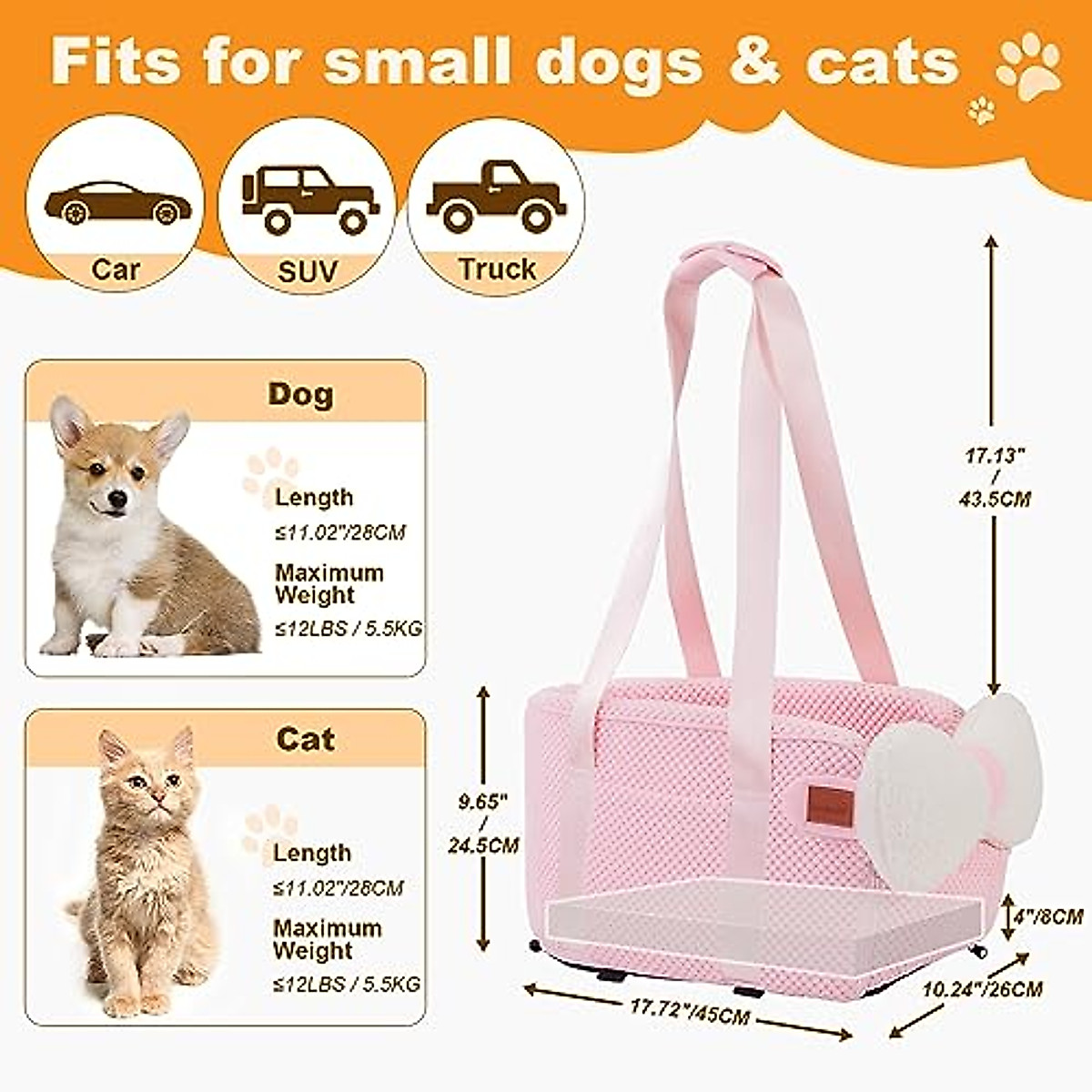 LOOBANI Center Console Dog Car Seat on Car Armrest, Comfortable Dog Car Seats for Small Dogs Cats to See Out Window Up to 12 Lbs, Portable Dog Booster Seat Fits Perfectly for Car, Travel, Home (Pink)