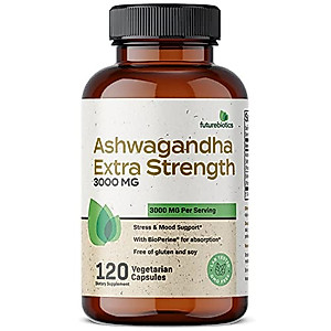 Futurebiotics Ashwagandha Capsules Extra Strength 3000mg - Stress Relief Formula, Natural Mood Support, Stress, Focus, and Energy Support Supplement, 120 Capsules