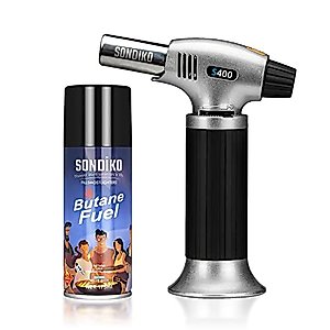 Sondiko Butane Torch and Fuel Refill, S400 with 170 ml Gas Included. Kitchen Torch Lighter Blow Torch with butane refill for BBQ, Creme Brulee, Baking.