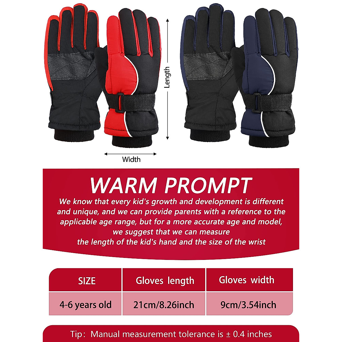 2 Pairs Kids Winter Ski Gloves, Waterproof Windproof Warm Gloves Cold Winter Gloves Unisex Warm Gloves for Boy Girl Skiing (Black, Red,4-6 Years)