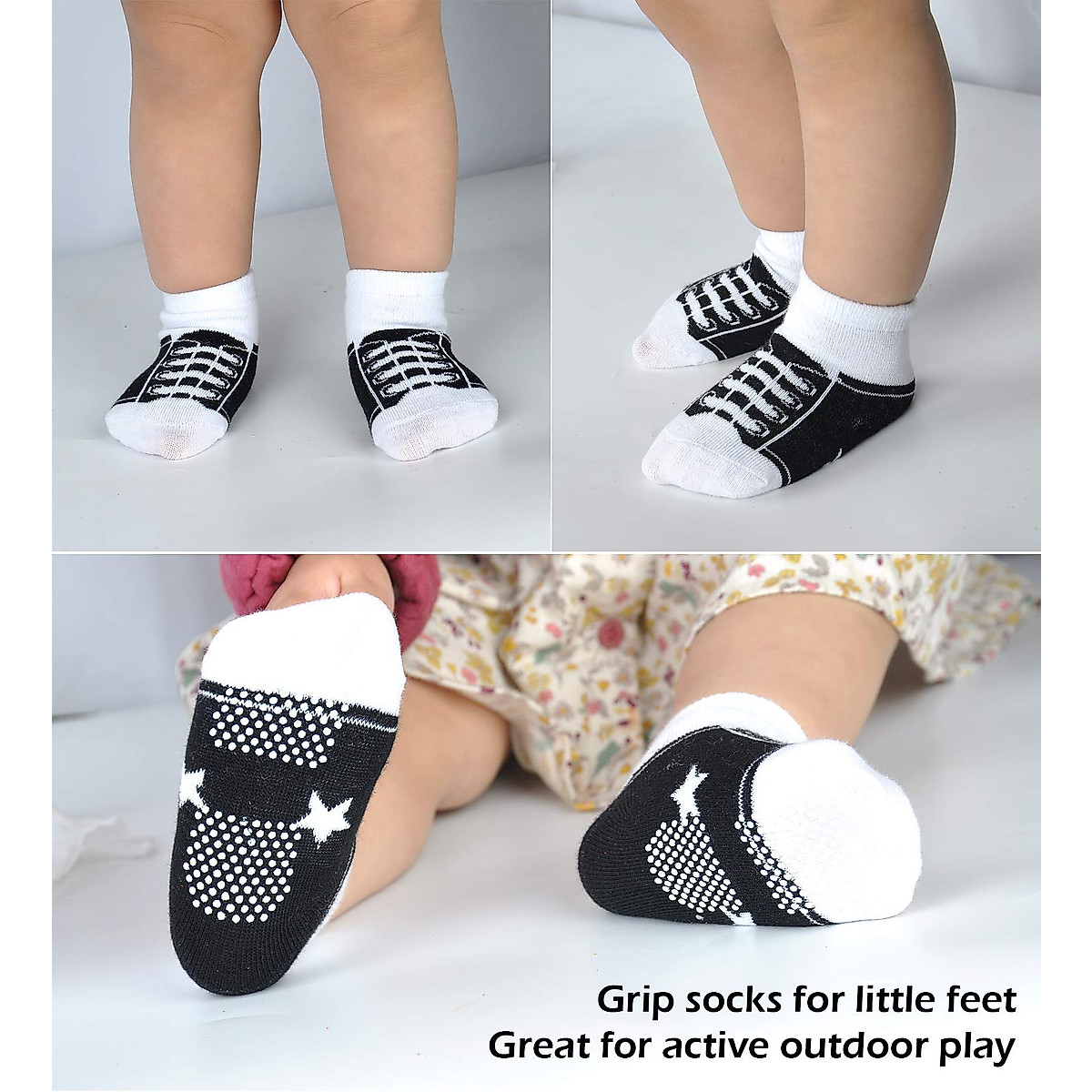 EPEIUS Unisex Baby Non-Slip Socks Like Shoes Infant Boys/Girls Anti Slip Booties for 0-6 Months (Set of 6),Black/White/Blue/Yellow/Brown/Green