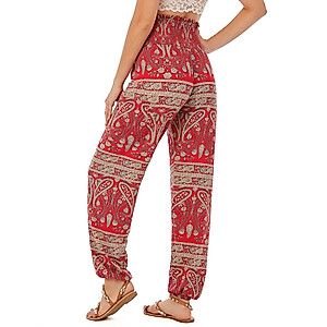 QIANXIZHAN Women's Harem Pants, High Waist Yoga Boho Trousers with Pockets Burgundy Red S