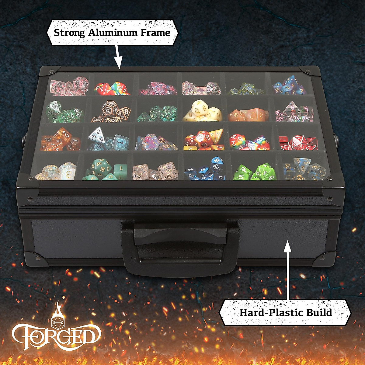 Forged Dice Co. Dice Display Case and Rolling Tray with 3 Removable Divided Dice Trays - Storage Box Holds up to 720 Metal or Plastic Polyhedral Dice Sets - Great for Dice Collectors or RPG D&D Games